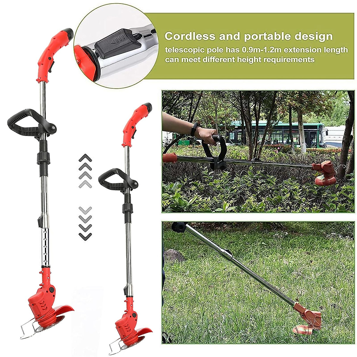 Grass Trimmer,Weed Wacker Dual Rechargeable Battery Operated, Adjustable Telescopic Rod Cordless Grass Trimmer, Anti Slip Handle Electric Grass Trimmer for Cleaning Rank Grass