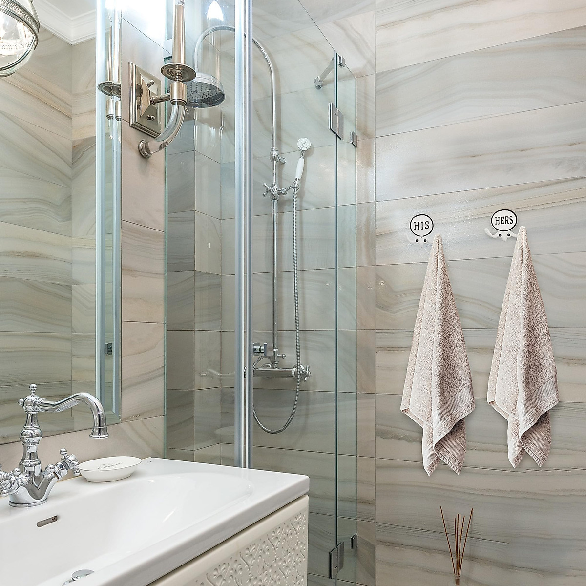 AuldHome Design His and Hers Towel Hooks (Set of 2); Cast Iron Rustic Farmhouse Decor Door Wall Hangers