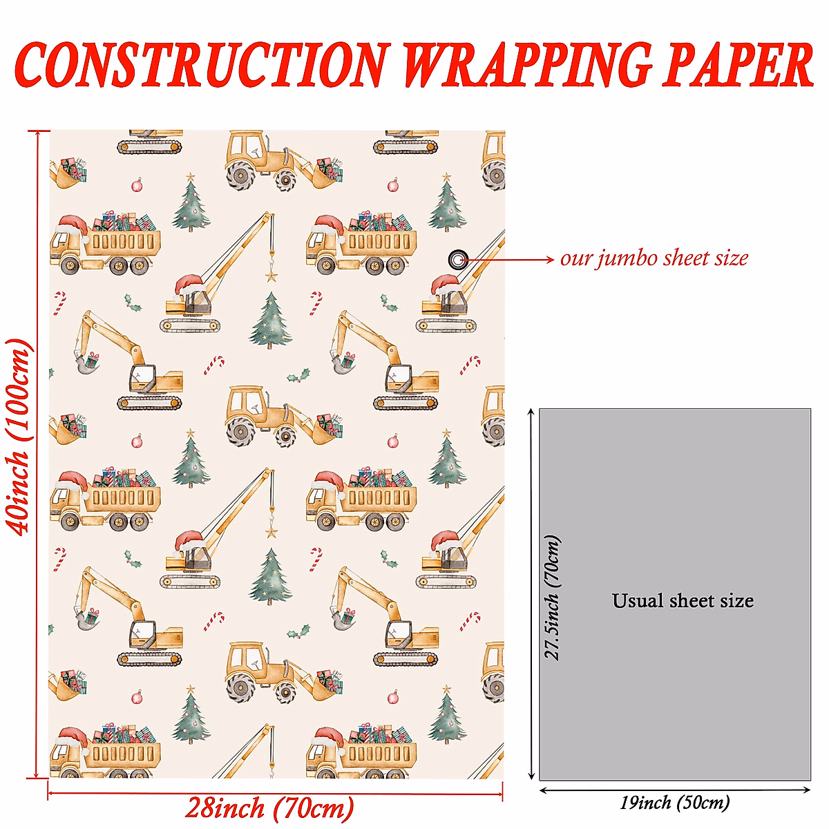 SaringSwoon Construction Christmas Wrapping Paper for Kids - Holiday Wrapping Paper with Dump Trucks, Cranes, Excavators with Santa Hats & Gifts, Christmas Tree - 40×28 Inches, 4 Folded Sheets