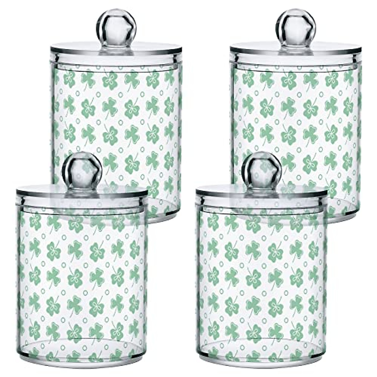Kigai 2 Pack Apothecary Jars Saint Patrick's Day Clover Qtip Holder Organizer Clear Airtight Container for Cotton Swabs Food Storage 14oz Plastic Jars with Lids