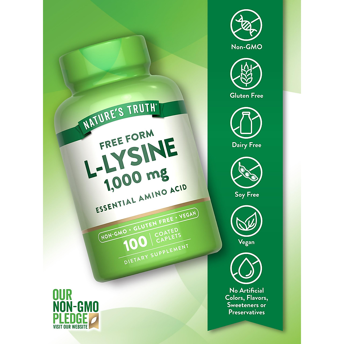 Nature's Truth L Lysine 1000mg | 100 Coated Caplets | Free Form | Vegetarian, Non-GMO, & Gluten Free Supplement