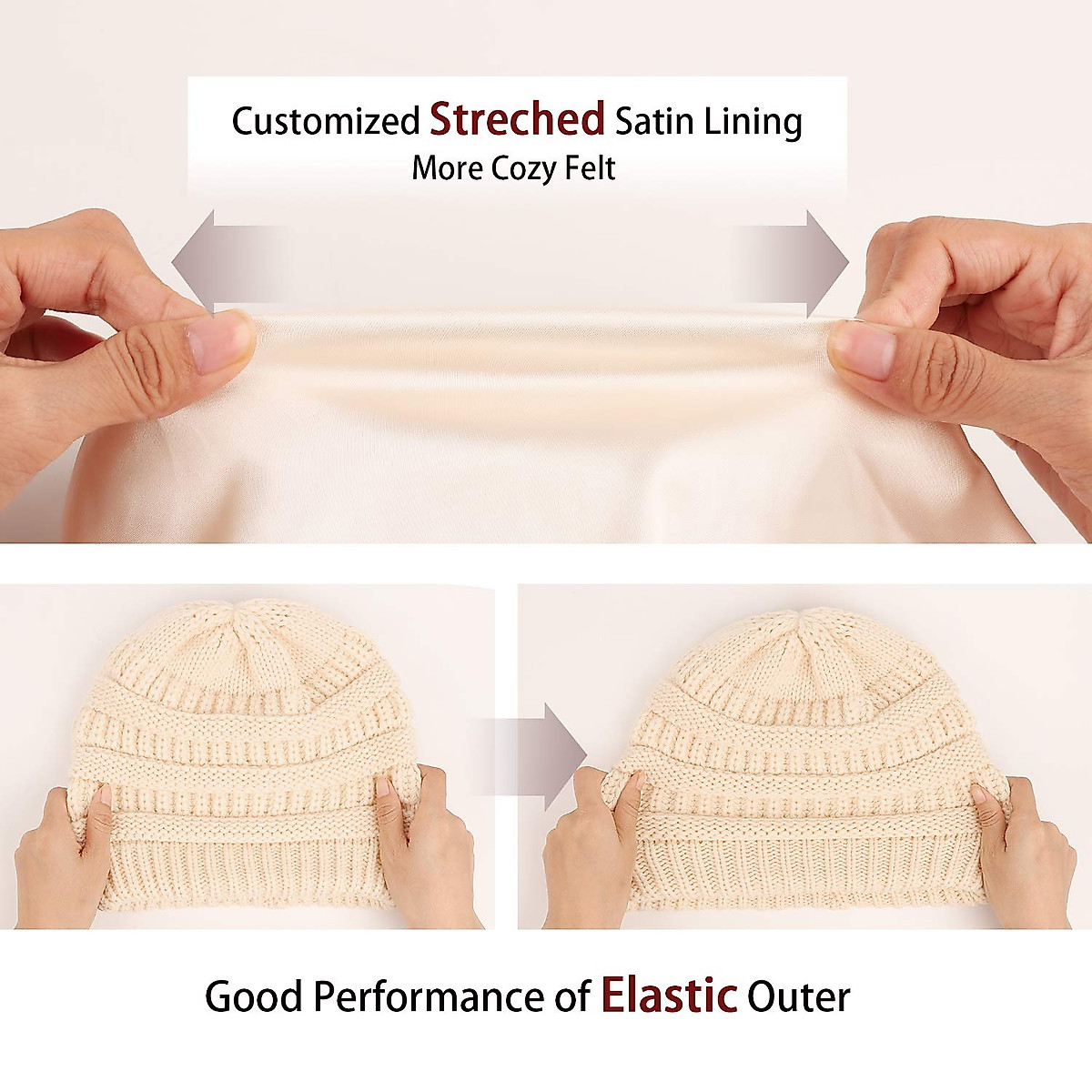 Winter Knit Beanie for Women Satin Lined Cable Thick Chunky Cap Mens Soft Lined Slouchy Warm Hat Beige