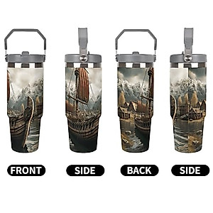 Old Viking Boat 30oz Stainless Steel Insulated Tumbler with Straw & Foldable Handle - Leakproof, Double-Wall Vacuum Travel Thermos for Hot/Cold Drinks, Non-Slip Base, Fit Cup Holders