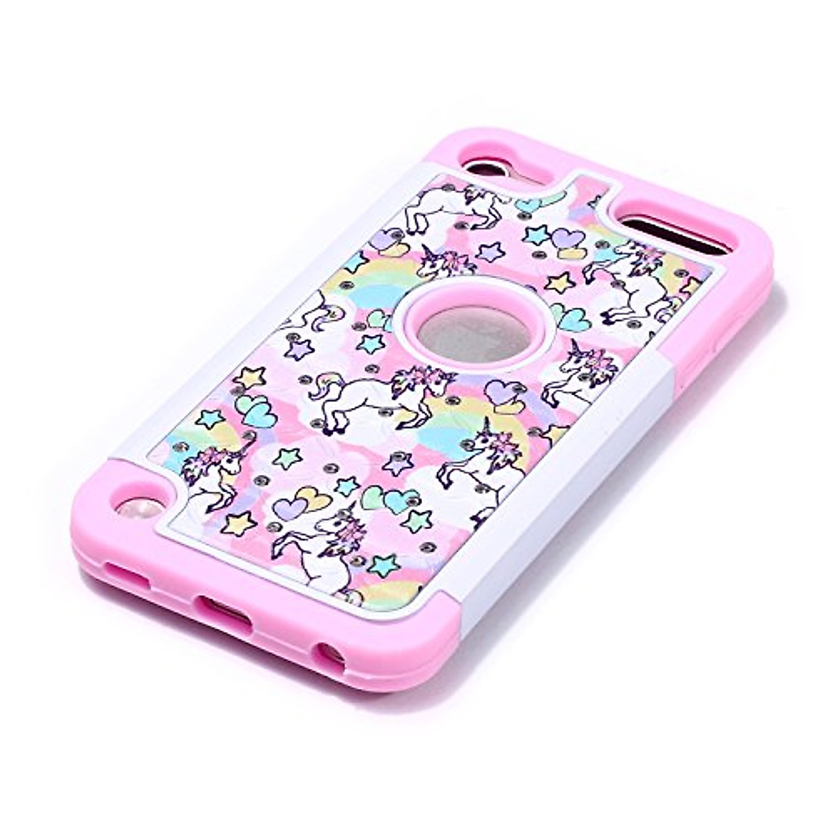 Apple iPod Touch 5,6th Case, iPod 7th Generation Case, Rainbow Unicorn Pattern Shockproof Studded Rhinestone Crystal Bling Hybrid Case Silicone Protective Armor for Apple iPod Touch 5 6th Generation