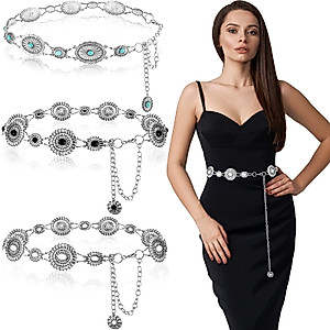 Junkin 3 Pcs Women Concho Western Chain Belts Turquoise Chain Belts Antique Western Waist Belts Country Metal Belt Link Belt (White, Black, Green)