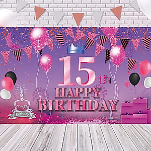 Happy 15th Birthday Backdrop Banner Pink Purple 15th Sign Poster 15 Birthday Party Supplies for Anniversary Photo Booth Photography Background Birthday Party Decorations, 72.8 x 43.3 Inch