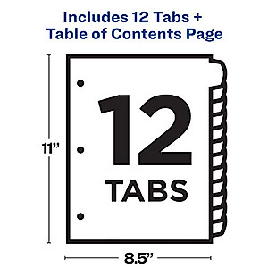 Avery 12 Tab Dividers for 3 Ring Binders, Customizable Table of Contents, Multicolor Tabs, 1 Set (11843)
