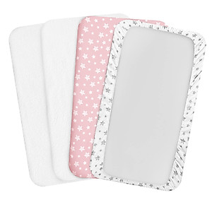 Pack and Play Sheets & Waterproof Terry Pack N Play Mattress Protector Pad Cover 4 Pack, Viscose Made from Bamboo Pack N Play Sheets Set, Grey & Pink
