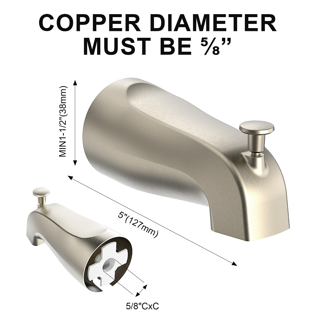 Gold Hao The Bathroom Universal Slip-On Tub Spout with Diverter - 5" Bathtub Faucet with Diverter, Easy to Install & Save Water Leaks in Minutes, Fit 5/8" Copper Pipe (Brushed Nickel)