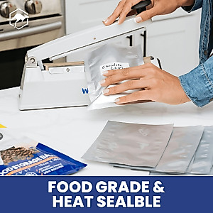 Wallaby 50 Count 1-Cup Mylar Bags with Labels, 10 Mil Total Thicker Long-Term Food Storage Pouches, 5x7 Heat-Sealable Airtight Packaging - Silver