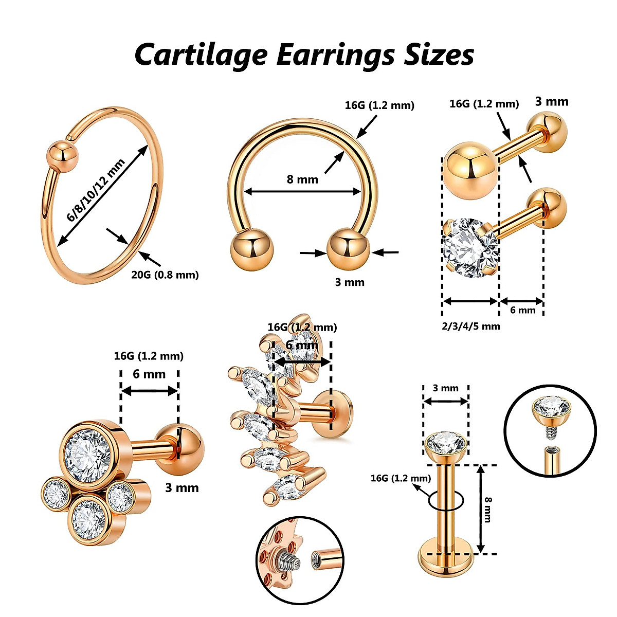 MIFANS Face Cartilage Stud Earrings Helix Conch Tragus Daith Ear Piercing Studs Jewelry 16G 20G 316L Surgical Stainless Steel Small Hoop Earrings for Women and Men, 16 20 Gauge Silver and Rose Gold