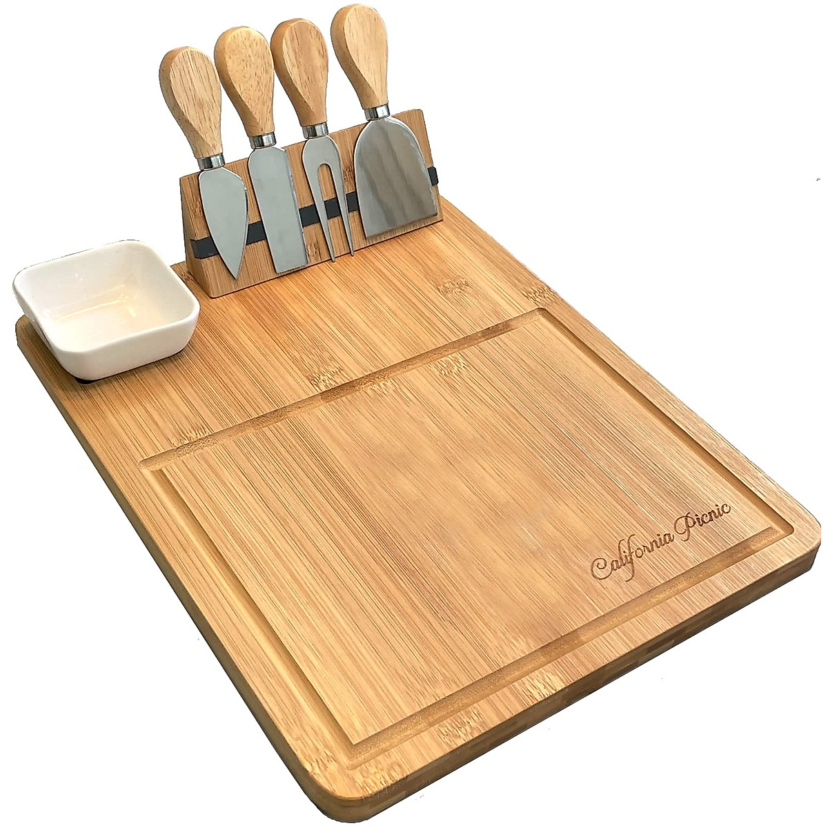 Cheese Board and Knife Set | Wine Board | Organic Bamboo Wood Charcuterie Platter Serving Board Cheese Tray with Cutlery | Perfect for Birthday, Housewarming & Wedding Gifts