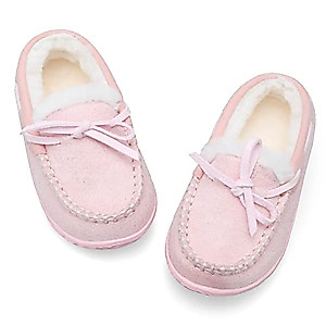 Scurtain Kids Toddler Suede Moccasin Slippers - Lined with Warm Fur, Unisex for Boys & Girls - Pink, Size 6.5