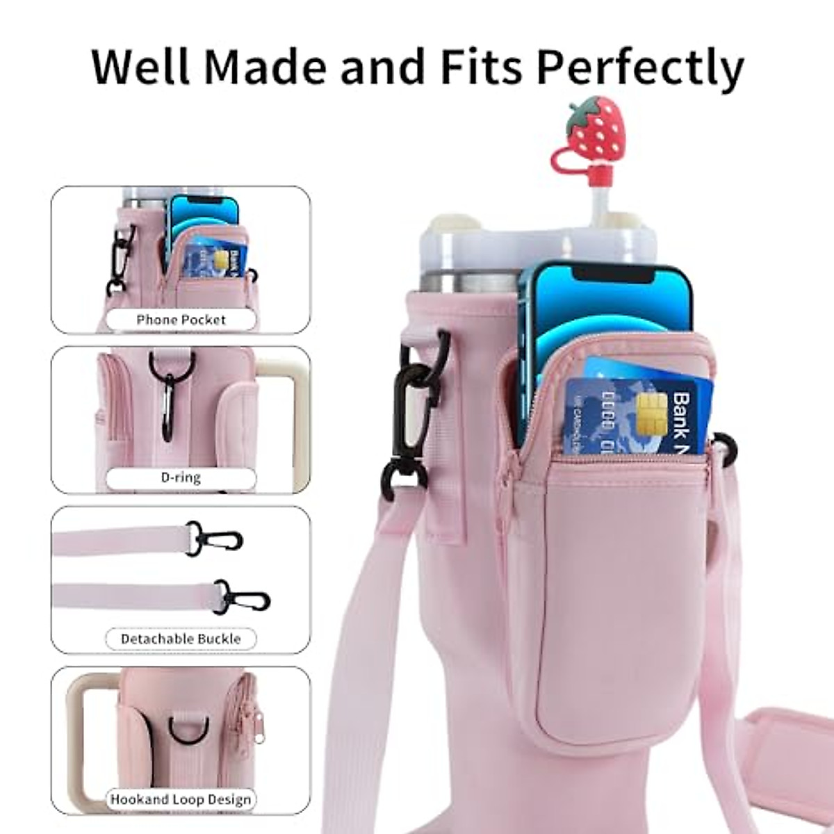 GUTAROR Water Bottle Carrier Bag Compatible with Stanley 30 40oz Tumbler with Handle, Water Bottle Holder with Adjustable Shoulder Strap 2 Straw Covers for Hiking Travelling Camping (Rose Quartz)