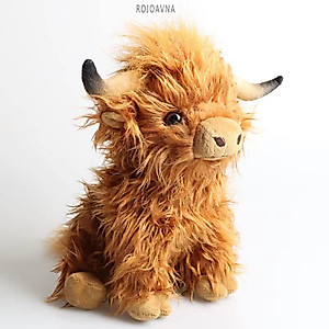 ROJOAVNA 10inch Highland Cow Stuffed Animal Plush Toys, Realistic Soft Cuddly Farm Toy, Soft Cow Plush Toy Plushie Gift for Kids for Adults Kids Boys Girls