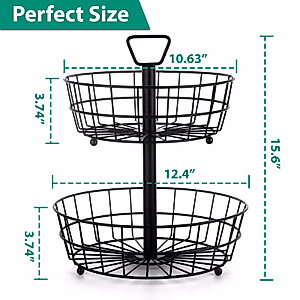 TomCare 2-Tier Fruit Basket Metal Fruit Bowl Bread Baskets Detachable Fruit Holder Produce Basket Large Fruit Stand Organizer Kitchen Storage Baskets for Fruits Breads Vegetables Snacks, Black
