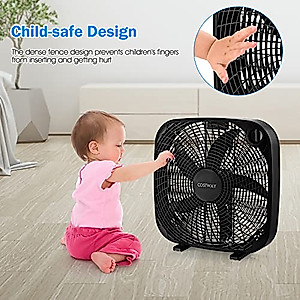 COSTWAY 3-Speed Box Fan, 20 Inches Portable Floor Fan with Knob Control, 2 Supporting Feet, Compact Lightweight Cooling Fan for Full-Force Circulation, Quiet Operation for Home Office Garage, Black