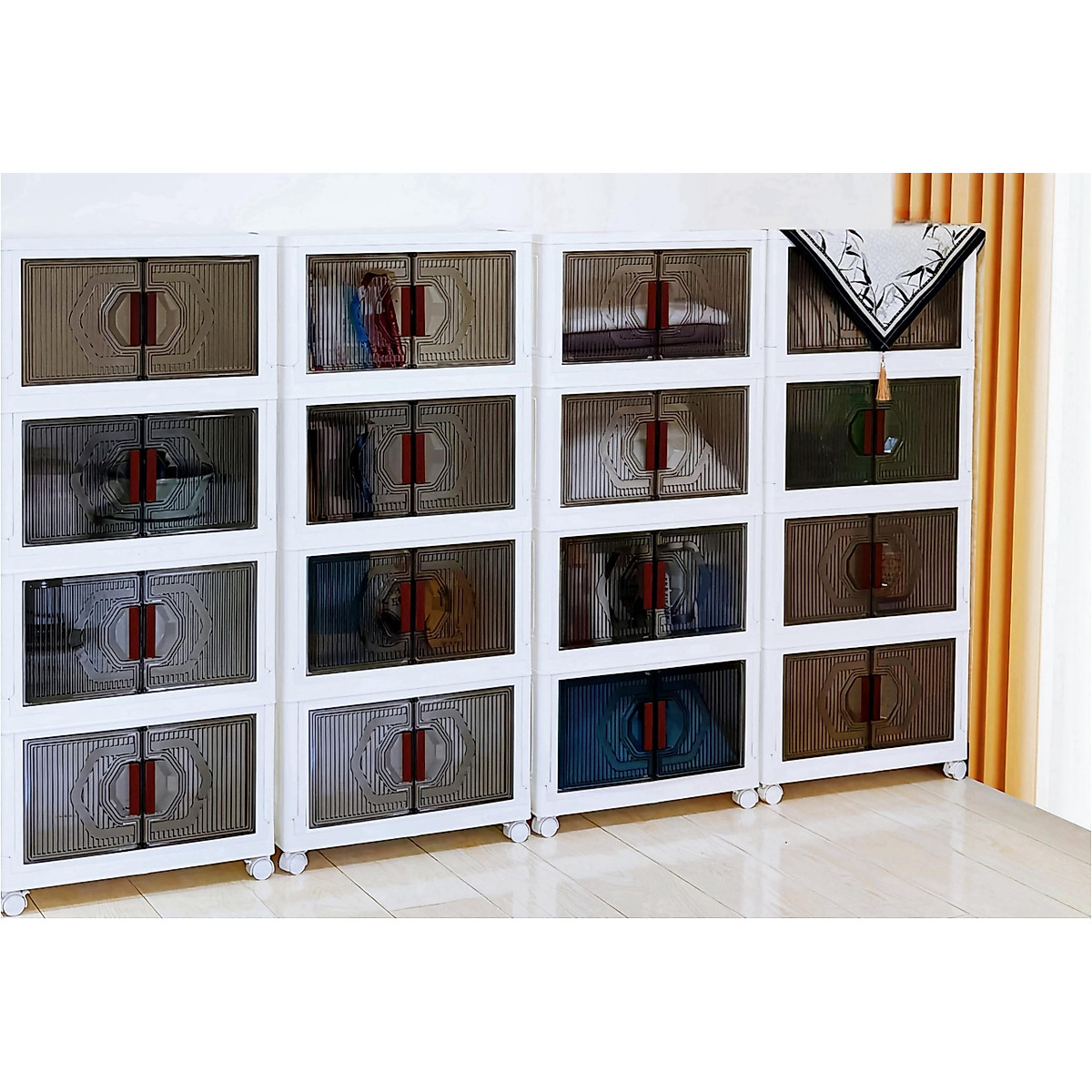 JECCICHY 232QT Stackable Storage Bins with Lids, Foldable Storage Box Open Front, Closet Storage Container for Organizing, Magnetic Large Double Doors, with Wheels