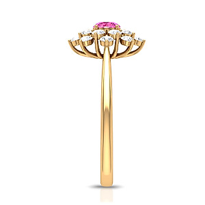 Rosec Jewels Pink Sapphire Engagement Ring with Diamond Halo, Pink Sapphire Cluster Halo Engagement Ring, 14K Yellow Gold, Size:US 5.50