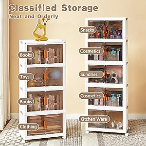 VECELO 16 Gal Stackable Storage Bins with Lid, 5 Pack Plastic Collapsible Storage Cabinet, Foldable Folding Box Organizer/Storage Container Cart with Wheel and Double Door for Home Office, White