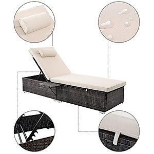 Outdoor Lounge Chairs Set of 2, PE Wicker Chaise Patio Brown Rattan Reclining Chair Furniture Set Beach Pool Adjustable Backrest Recliners with Side Table Head Pillow (White)
