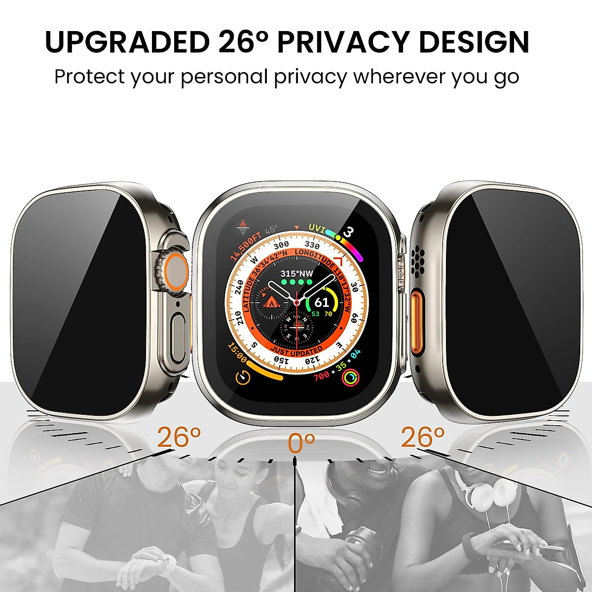 Tensea (2-in-1 for Waterproof Apple Watch Ultra 2/Ultra Screen Protector Case 49mm, iWatch Protective PC Face Cover Built-in Privacy Tempered Glass Film [26° Anti Spy] [360° Full Protection]