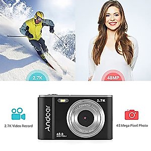 Andoer Portable Digital Camera 48MP 2.7K 2.88-inch IPS Screen 16X Zoom Auto Focus Self-Timer 128GB Extended Memory Face Detection Anti-Shaking with 2pcs Batteries Hand Strap Carry Pouch