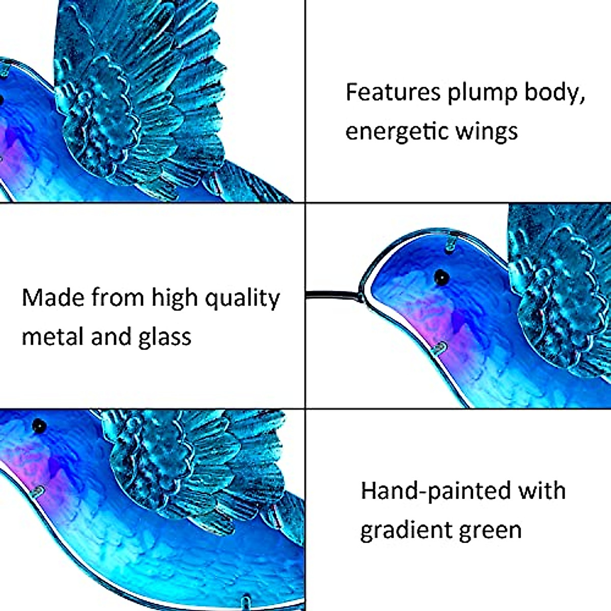 John's Studio Metal Hummingbird Wall Decor Bathroom Glass Art Iron Sculpture Outdoor Hanging Decoration for Home Bedroom Garden Patio Porch or Fence - Blue