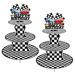 BACUTHY 2 Pack Race Car Cupcake Stands Birthday Party Supplies, Two Fast Cars Decorations Truck Theme Favors - 3 Tier Cardboard Cup Cake Holder Tower
