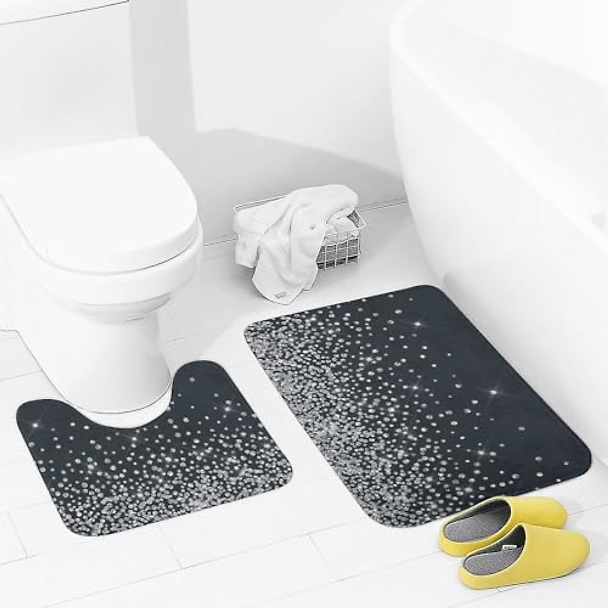 Bathroom Rug Set 2 Piece Black Silver Glitter Diamond Sparkly Bath Rugs and U-Shaped Contour Toilet Rug, Non-Slip Bath Carpet Bath Mats for Bathroom 15.7"x23.6"