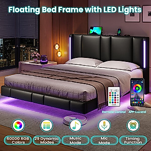 MSmask Queen Platform Bed Frame, Floating Bed with LED Lights, Faux Leather Upholstered Headboard, 2 USB Ports, Under-Bed Storage, No Box Spring Needed, Black