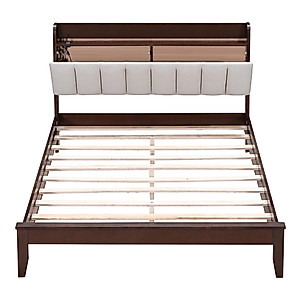 HZXINKEDZSW Full Size Platform Bed with USB Charging Station and Storage Upholstered Headboard,Wooden Bed Frame with LED Lights for Kids Teens Adults,No Box Spring Needed (Walnut+Beige, Full)