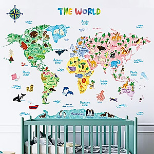 DECOWALL BS-1615S Animal World Map Kids Wall Stickers Wall Decals Peel and Stick Removable Wall Stickers for Kids Nursery Bedroom Living Room (Large) décor