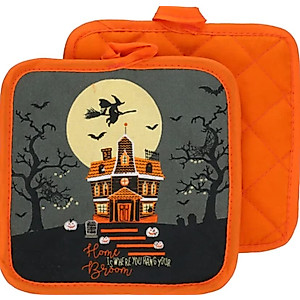 Greenbrier International Halloween 5 Piece Kitchen Linen Set Home is Where You Hang Your Broom, Orange, Black, Yellow, Printed