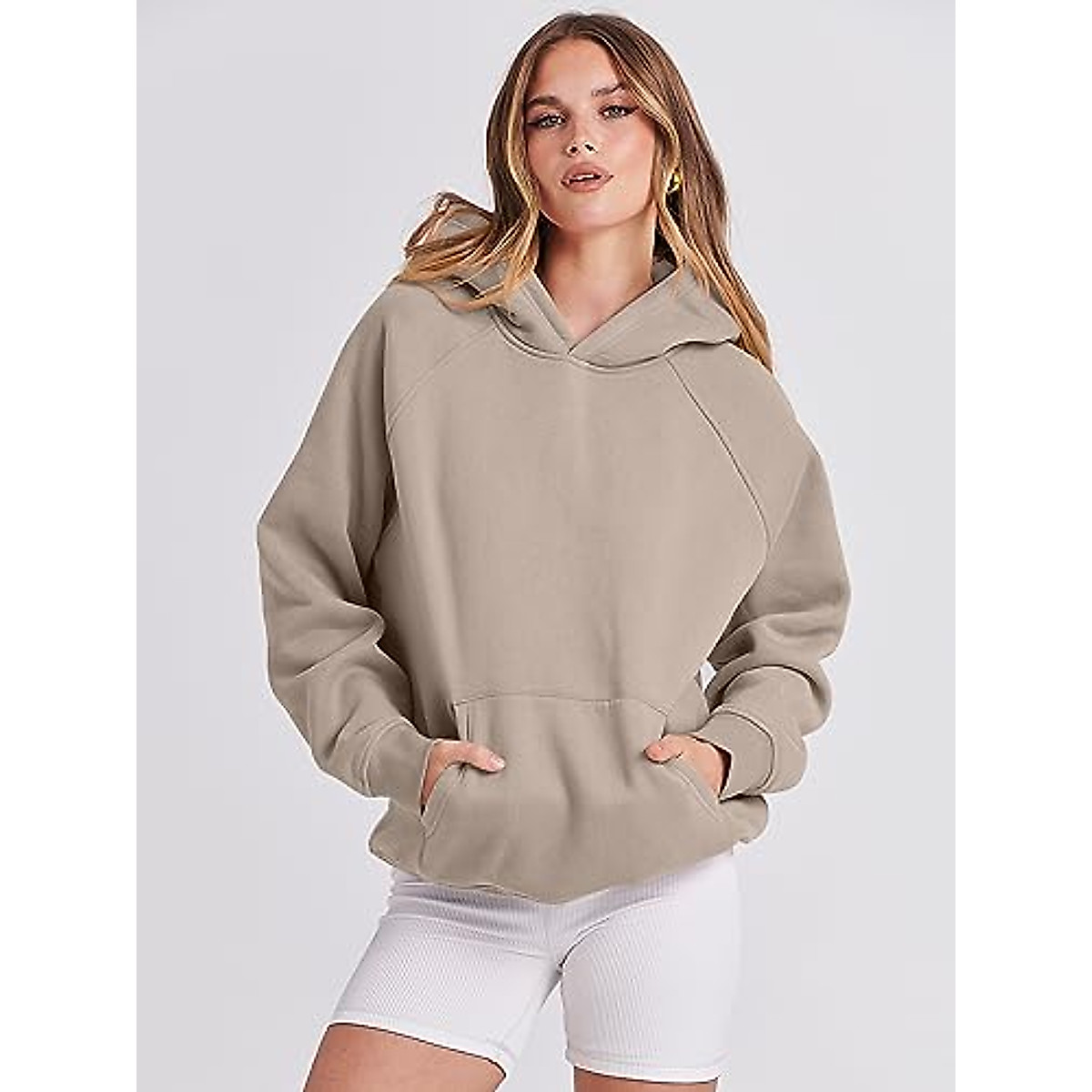 Caracilia Women Solid Basic Loose Hoodie Top Fleece Long Sleeve Pullover Oversized Hooded Sweatshirts with Pocket 2023 Fall Winter Clothes Cute Warm Baggy Sweaters Cozy Outfits 1025shenxing-L Khaki