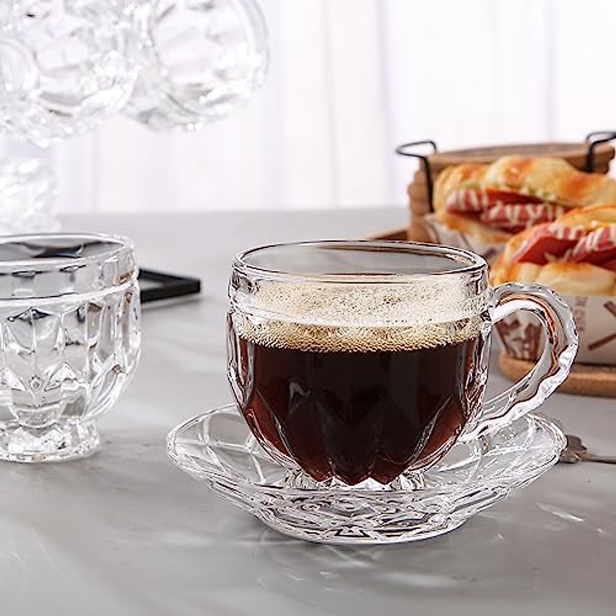 GURUDAR Glass Coffee Mug Set of 6, Clear Espresso Cup with Handle, Lead-Free Drinking Glassware, Perfect for Tea Latte Cappuccino Juice and More Beverage, 6OZ/180ML