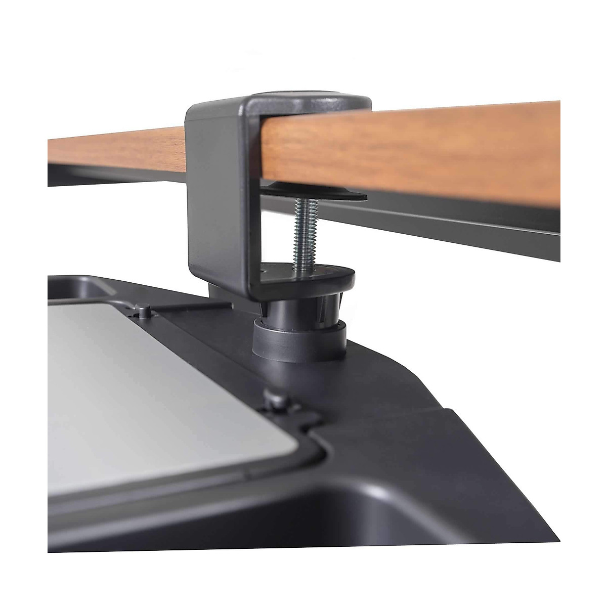 Stand Up Desk Store Clamp On 360 Degrees Swivel Out Mouse Tray with Storage for Desks and Tables Up to 1.5" Thick