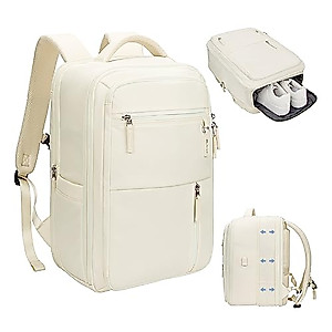 Hp hope Travel Backpack for Women Men, Expandable Airline Approved Carry On Backpack Flight Approved, Waterproof Hiking Weekender Backpack with USB Charging Port & Shoes Compartment, White
