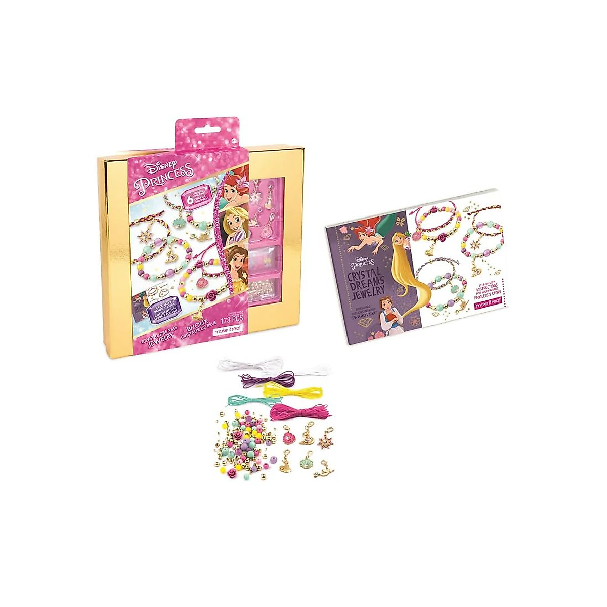 Make It Real Disney Princess Crystal Dreams Jewelry Kit - DIY Bead & Charm Bracelet Set with Swarovski Crystals, Includes Supplies & Exclusive Princess Book - Create 6 Bracelets, Ages 8