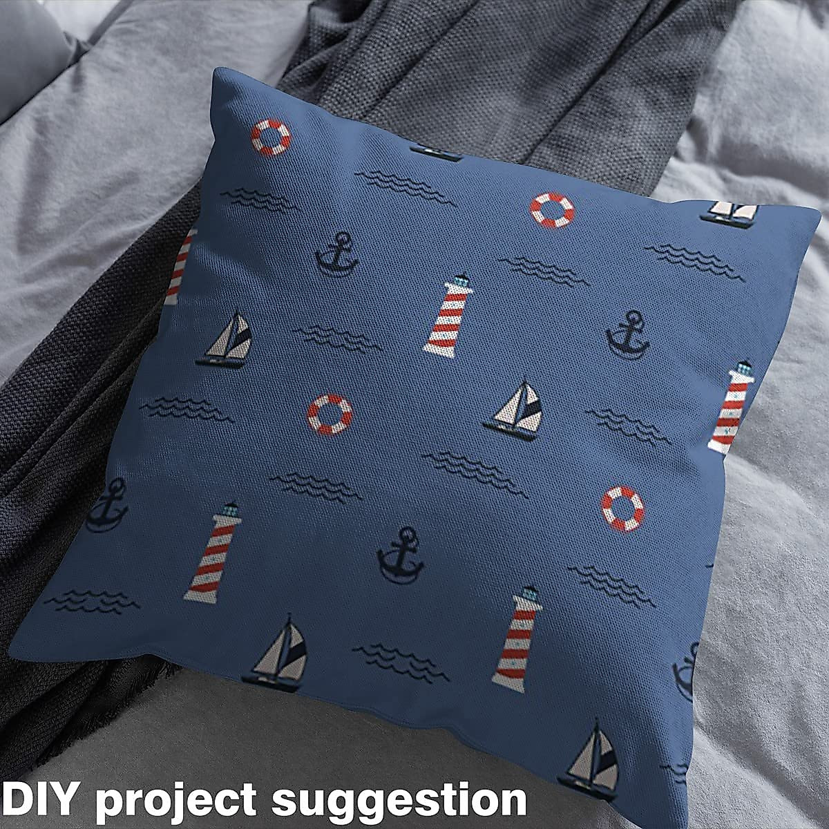 Upholstery Nautical Fabric by The Yard, Anchor Sailboat Printed Decorative Fabric for Upholstery and Home DIY Projects, Ocean Themed Lighthouse Waterproof Outdoor Fabric, 10 Yard, Navy Blue