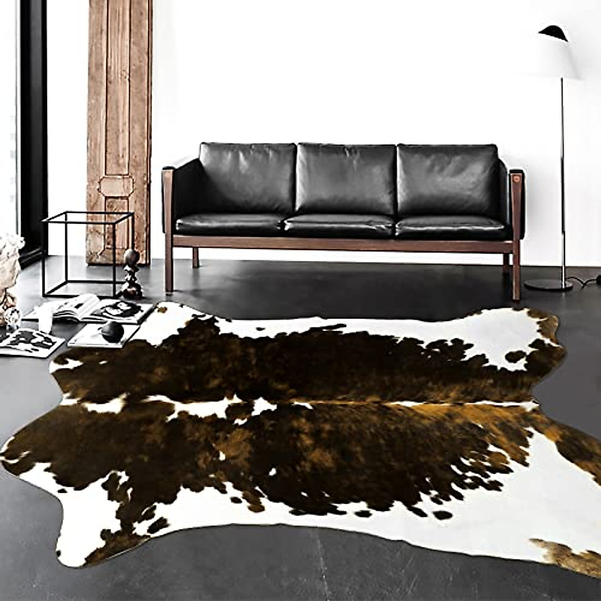 HOMORE Cowhide Rug, Cute Cow Print Rug for Living Room Faux Cow Hide Animal Print Carpet for Bedroom Office Table, 4.6 x 5.2 Feet, Gray-Brown