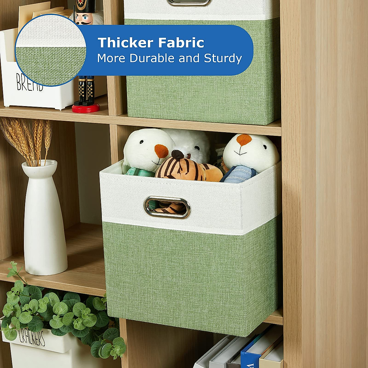 Temary Fabric Storage Cubes 11x11 Cube Storage Bins with Handles, 4 Pack Canvas Cube Storage Boxes Green Baskets for Organizing Closet, Foldable Cloth Baskets for Shelves (White&Green)