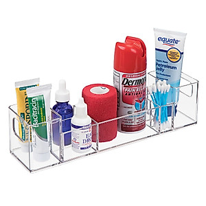 mDesign Plastic Bathroom Medicine Cabinet Organizer with Handles - Divided Vanity Storage Holder/Container for Cotton Swabs, Makeup, Bathroom Essentials/Toiletries, Lumiere Collection, 2 Pack - Clear