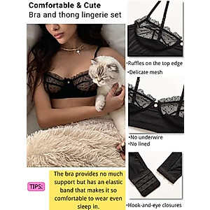 Kaei&Shi Sexy Lingerie for Women,Ruffle 2 Piece Lace Lingerie Set,Underwire Ribbed Bra and Panty Sets Valentine Petite Black Small