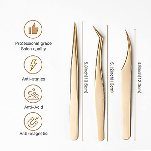 Eyelash Extension Tweezers, 3-Pack,Professional Stainless Steel Tweezers for Volume Lashes, Straight and Curved Tips for 3D-6D,Golden