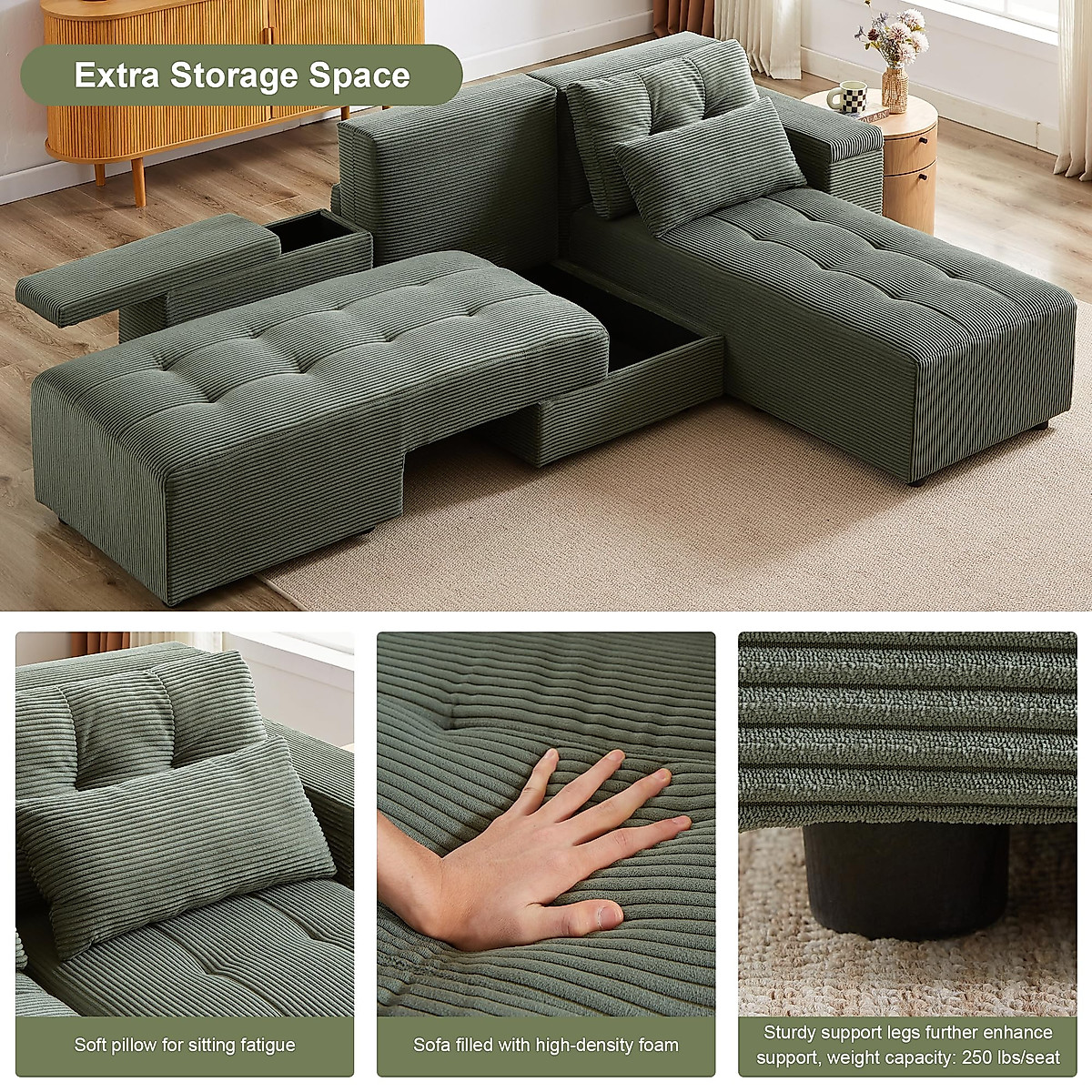 BUIORD 93.5" Convertible Oversize Corduroy 3 in 1 Sleeper & Sectional Sofa,L-Shaped Sofa with 4 Storage Space for Living Room,Pull-Out Sofa Bed with 4 Pillows (Green)