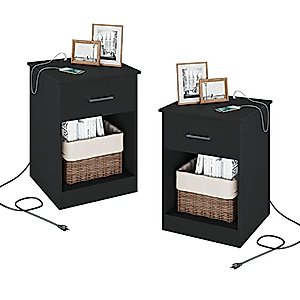 Reettic Set of 2 Nightstand with Charging Station and USB Ports & Power Outlets, Wooden End Table with Drawer and Opening Shelf, Side Table for Bedroom, Black RCTG101BE02