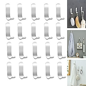 Adhesive Hooks, Kitchen Hooks,Wall Hooks Heavy Duty Stainless Steel Wall Hooks Adhesive for Hanging Jackets, Kitchenware, Bathrobes, Bath Towels, Coat, Bag, Party Light Strip (20 pcs, Silver)