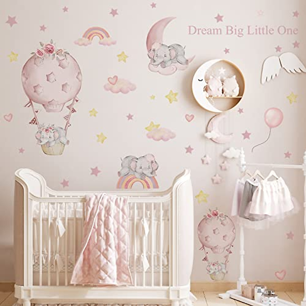 Dream Big Little One Elephant Wall Stickers Pink Hot Air Balloon Stars Wall Decals Baby Girl Room Decor for Nursery Peel and Stick Wall Decoration for Bedroom