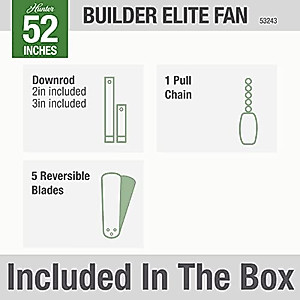 Hunter Fan Company 53243 Builder Elite Indoor Ceiling Fan with Pull Chain Control, 52", Matte Black